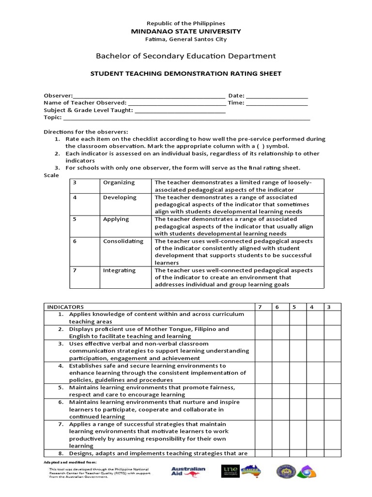 Student Teaching Observation Rating Sheet | PDF | Teaching Method ...