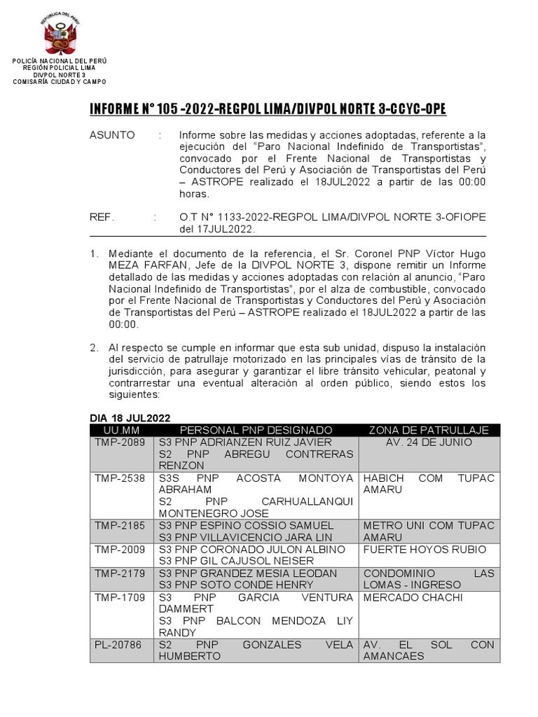 Informe PNP Región Lima Divpol Norte 3 sobre medidas paro transportistas | PDF | Servicios de ...