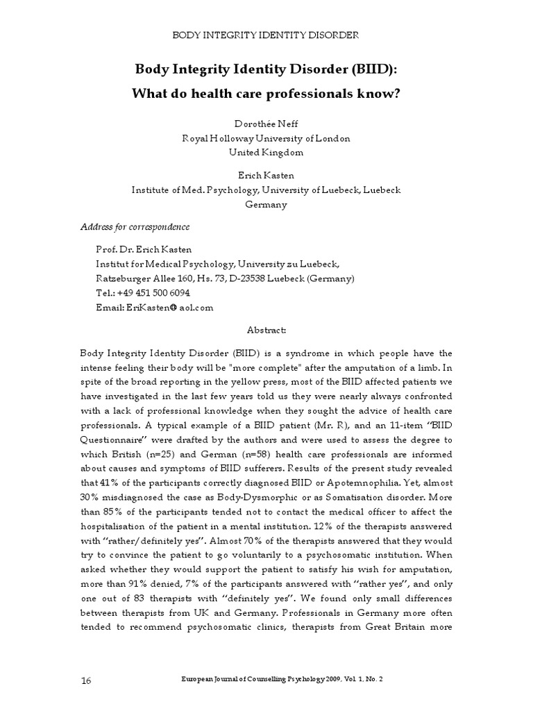 Body Integrity Identity Disorder (BIID) What Do Health Care ...