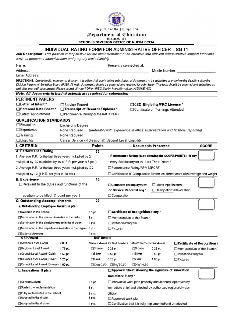 Individual Rating Form for Administrative Officer - SG 11: A ...