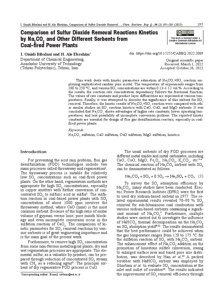 Comparison of Sulfur Dioxide Removal Reactions Kinetics by Na2 CO3 and Other Different Sorbents ...