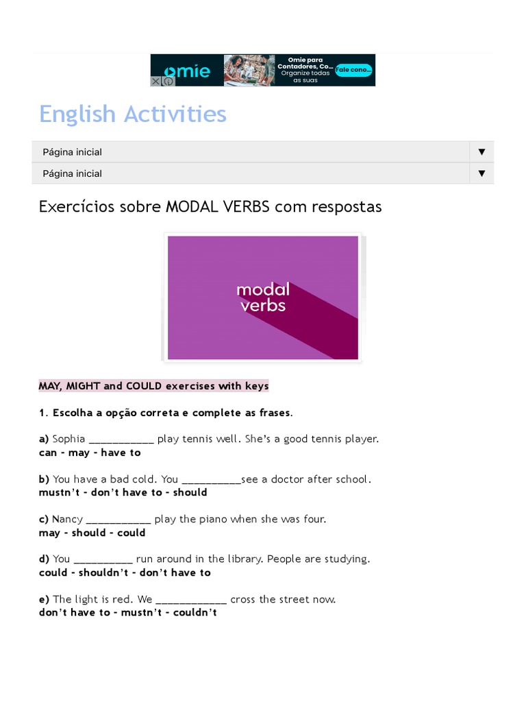 English Activities - Exercícios Sobre MODAL VERBS Com Respostas | PDF