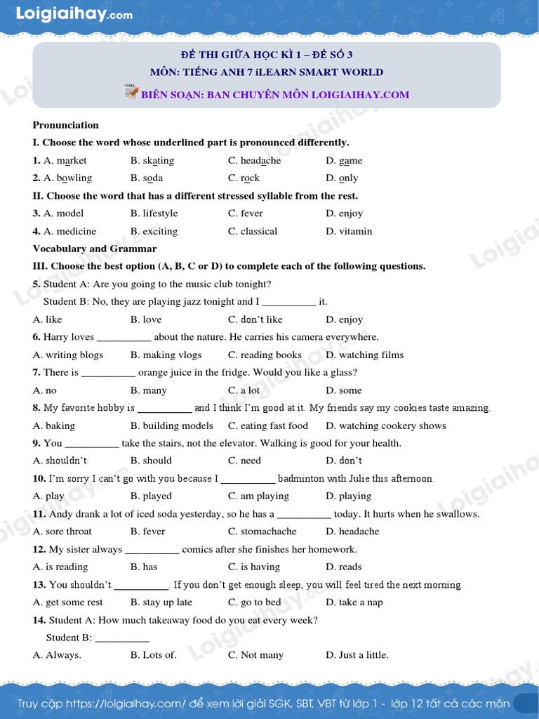 De Thi Giua Ki 1 Tieng Anh 7 Ilearn Smart World de So 3 1665048518 | PDF