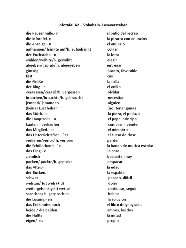 Infotafel A2 Vokabeln | PDF