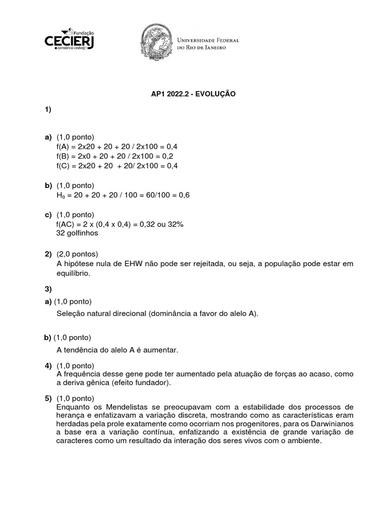Ap1 Evolução 2022 - 2 - Gabarito | PDF