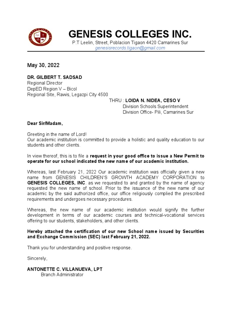 FINAL DEPED Request Letter For New Permit New Name | PDF