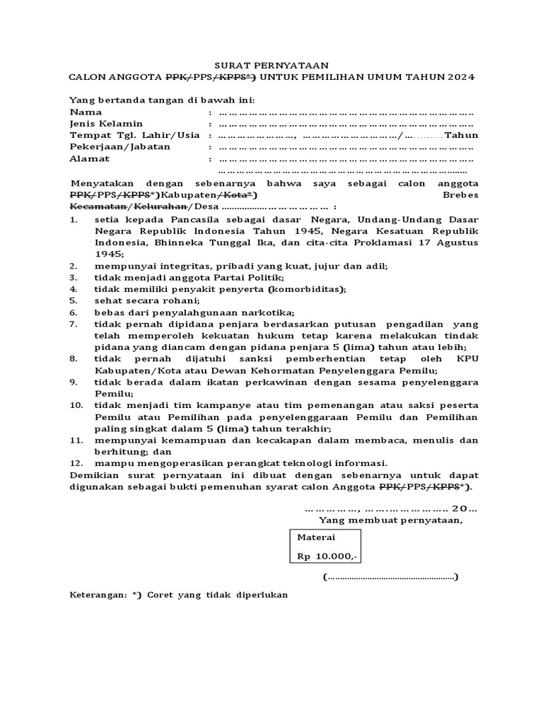 Format Surat Pernyataan Calon Anggota PPS | PDF