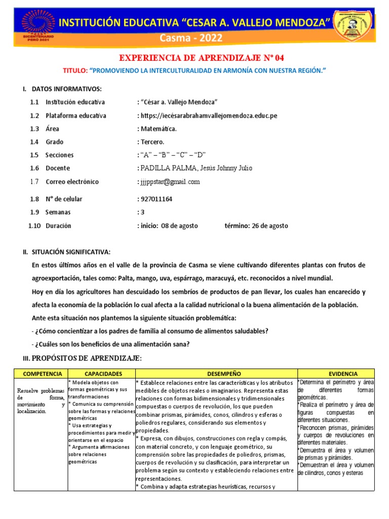 EXPERIENCIA DE APRENDIZAJE #04 Tercero | Descargar gratis PDF | Geometría | Volumen