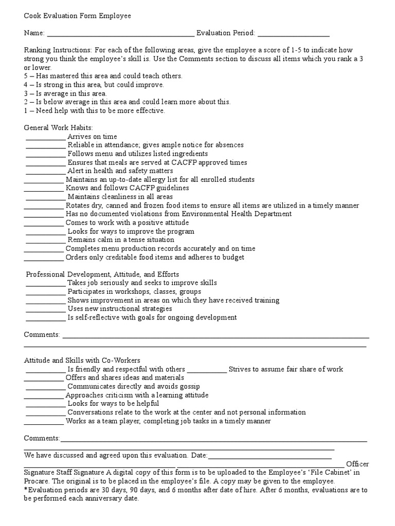 Cook Evaluation Form Employee | PDF | Employment | Cognitive Science