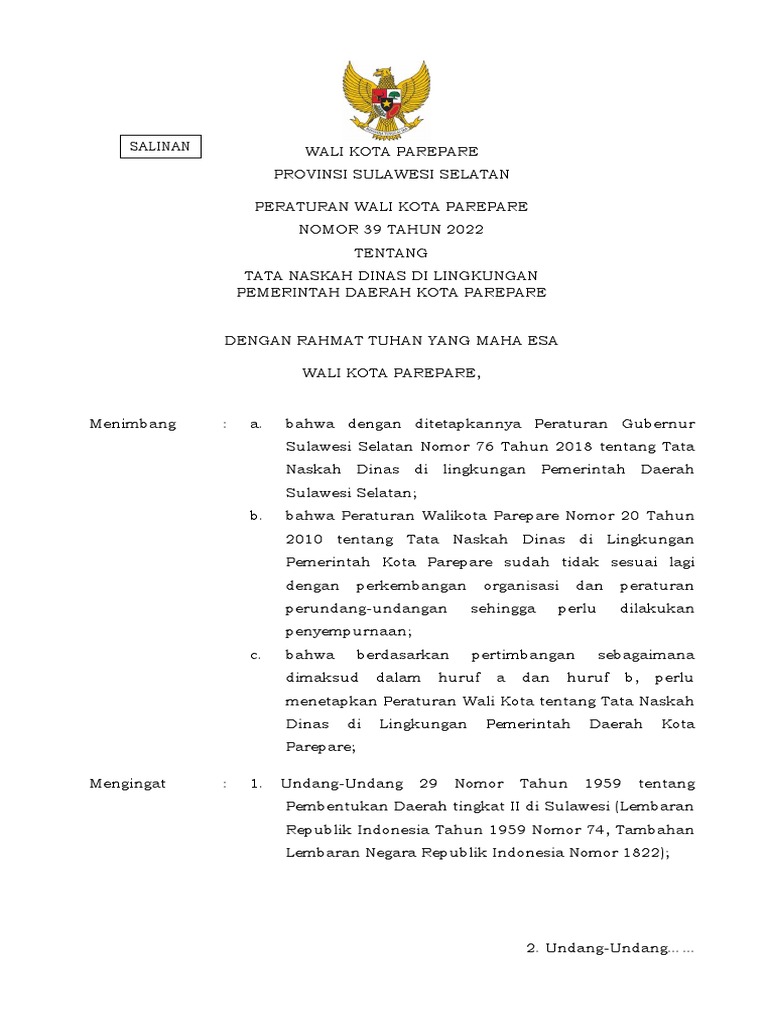 Salinan Perwali Tata Naskah Dinas | PDF