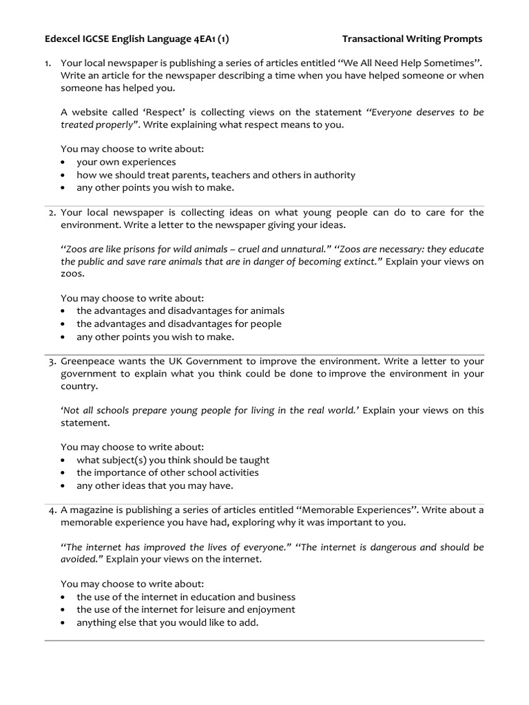 Transactional Writing Prompts - Edexcel IGCSE | PDF