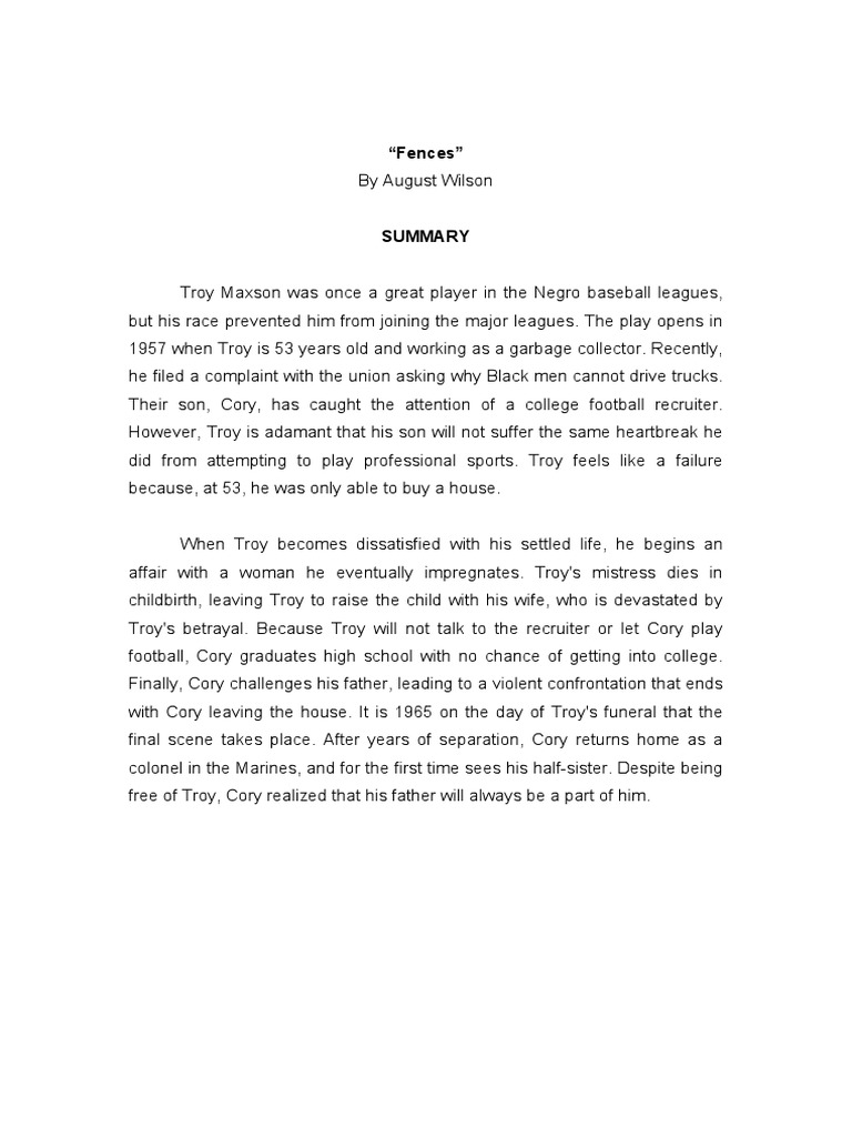 Fences by August Wilson - Summary | PDF