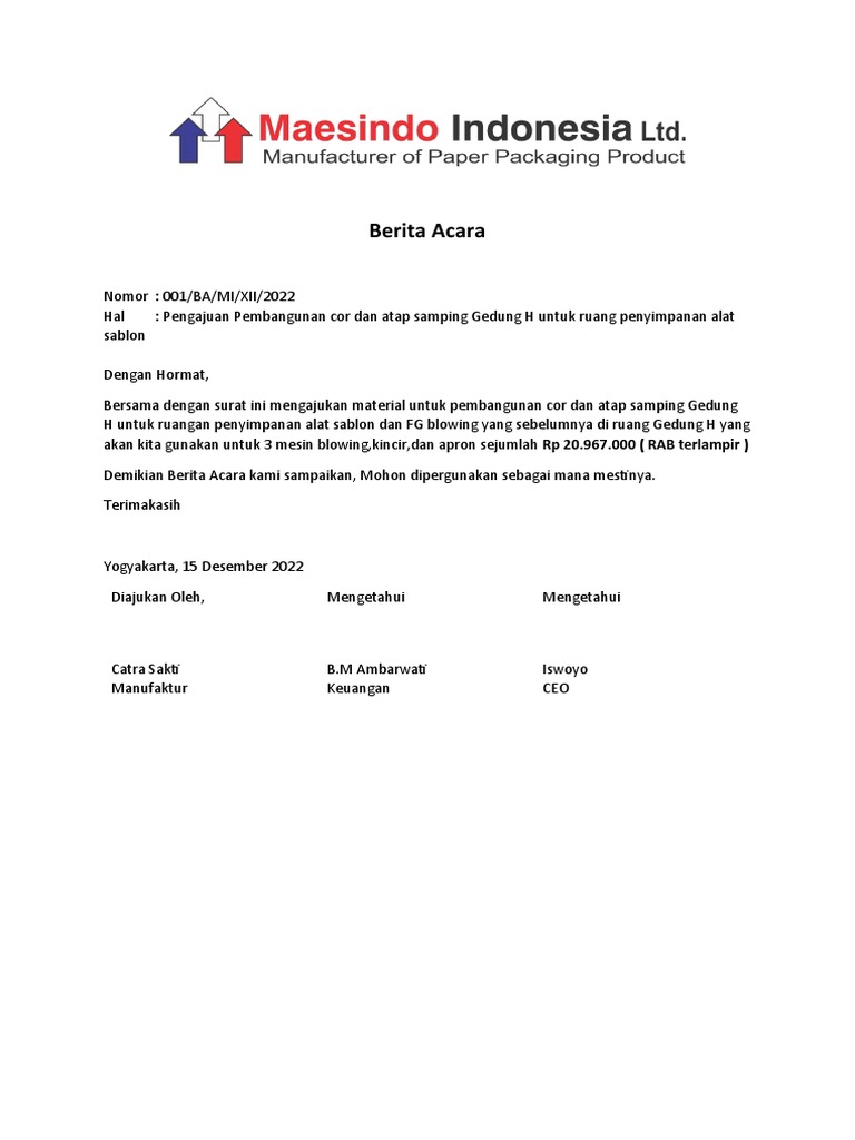 Berita Acara Pengajuan Bahan BKR78gsm Adiprima Alokasi Alfa 9 Des | PDF | Bisnis
