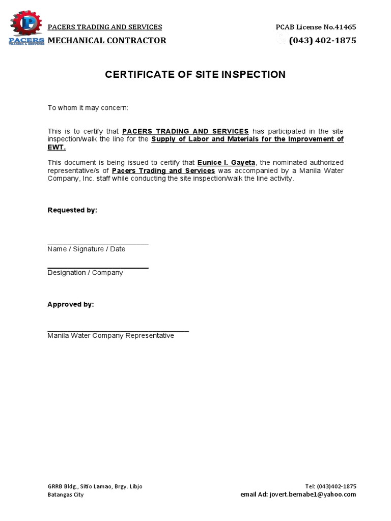 Cert. of Inspection | PDF