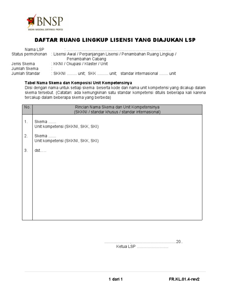 FR - KL.01.4 - Rev.2 Daftar Ruang Lingkup Yang Diajukan Oleh LSP1 | PDF | Komputer