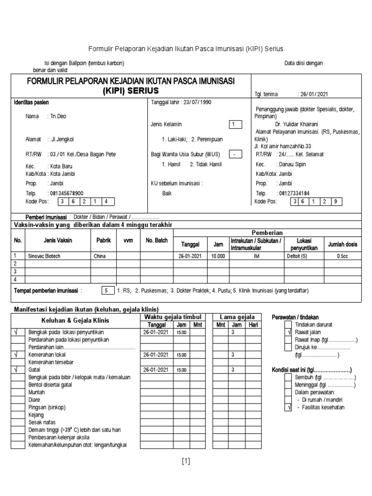 Formulir KIPI Serius untuk Imunisasi | PDF