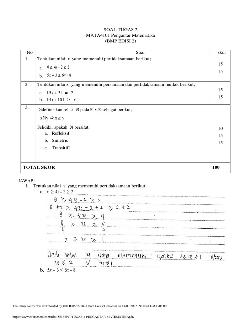 Tugas 2 Pengantar Matematika PDF | PDF