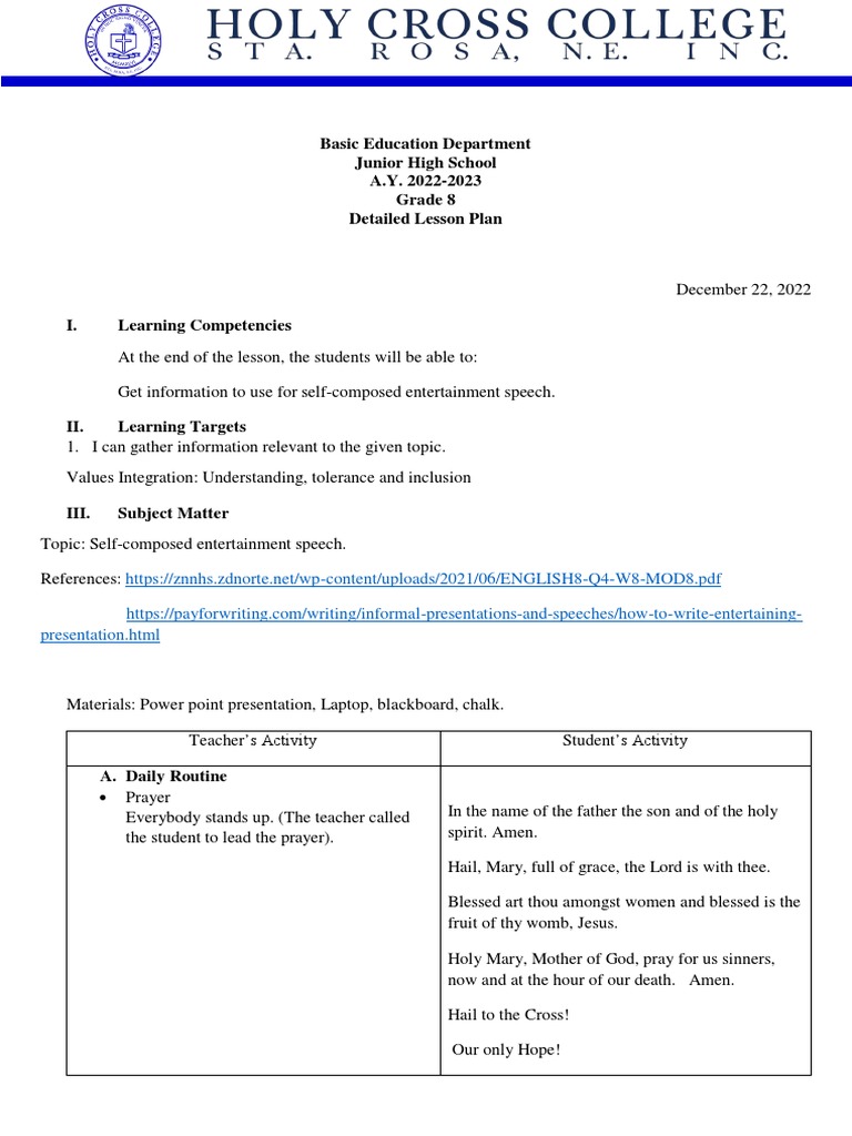 Grade 8 Entertainment Speech Lesson | PDF | Entertainment | Prayer