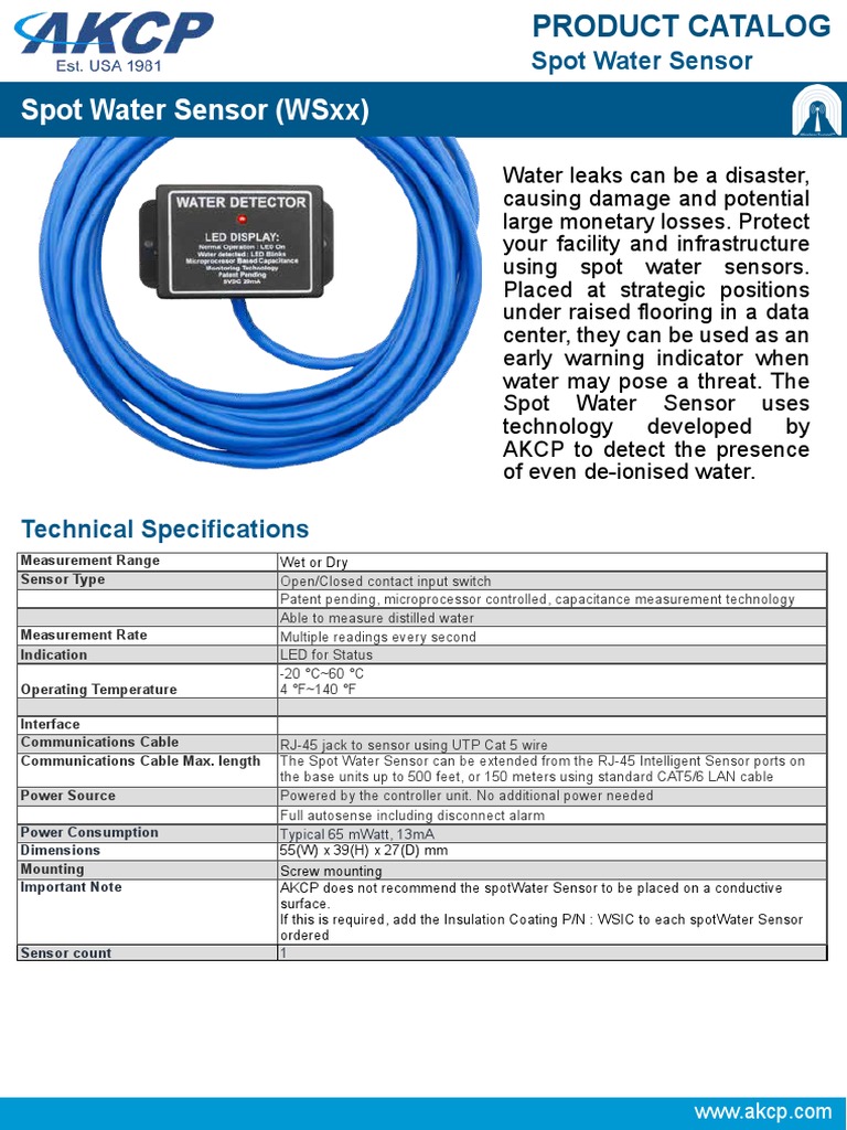 AKCP WSXX-spotWater-Sensor Datasheet | PDF | Water | Sensor
