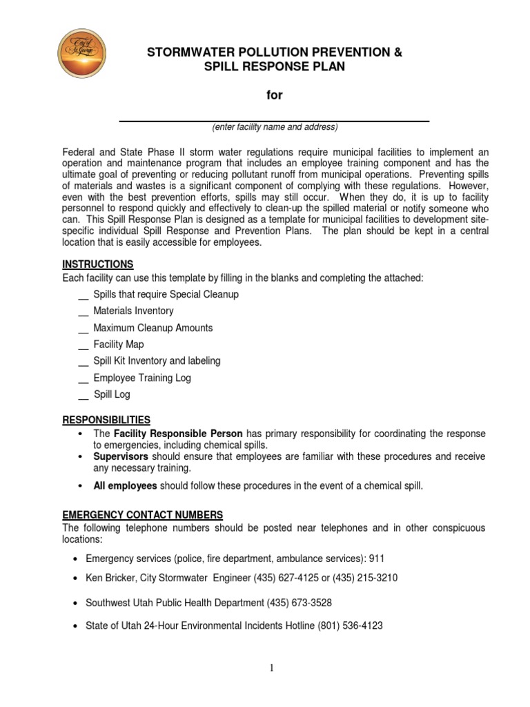 Stormwater Spill Response Plan Template | PDF | Dangerous Goods | Emergency