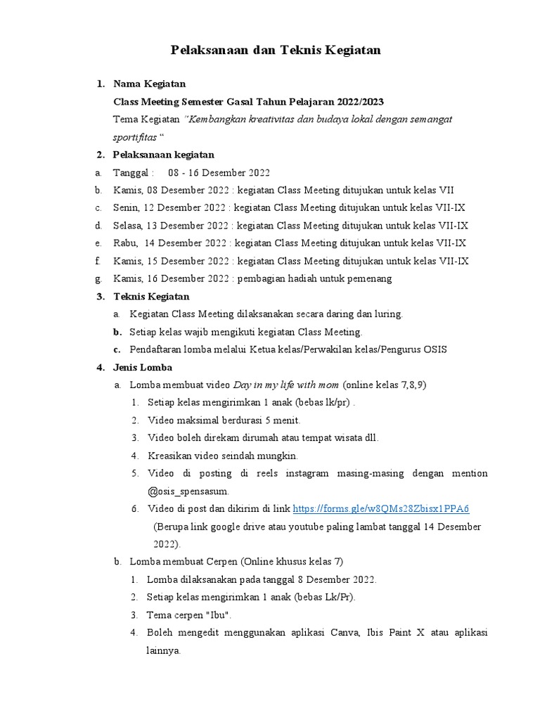 Juknis Kegiatan Classmeeting 2022 | PDF