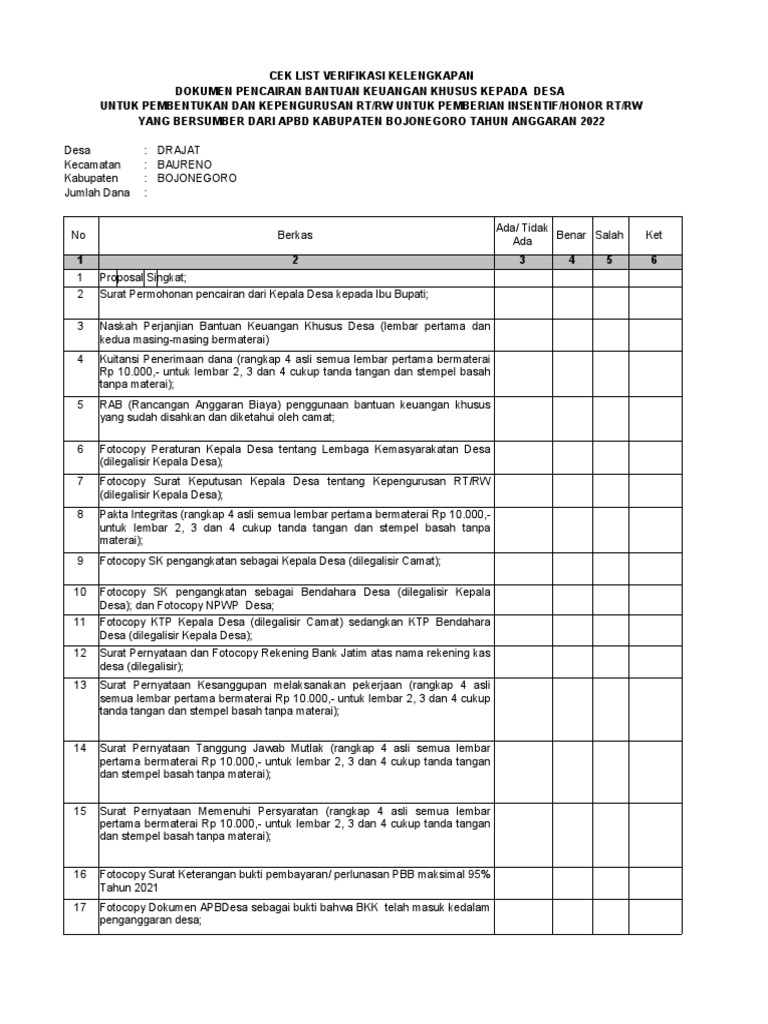 CEK LIST VERIFIKASI KELENGKAPAN RT RW BARU - Oke | PDF