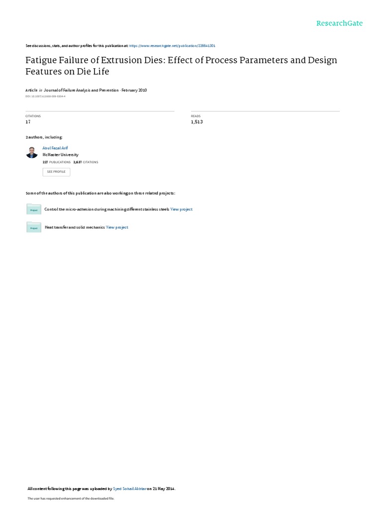 Fatigue Failure of Extrusion Dies: Effect of Process Parameters and Design Features On Die Life ...