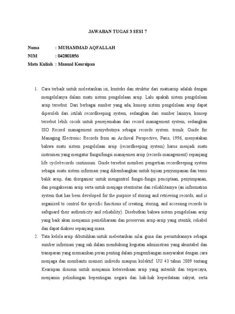JAWABAN TUGAS 3 SESI 7 Manual Kearsipan | PDF