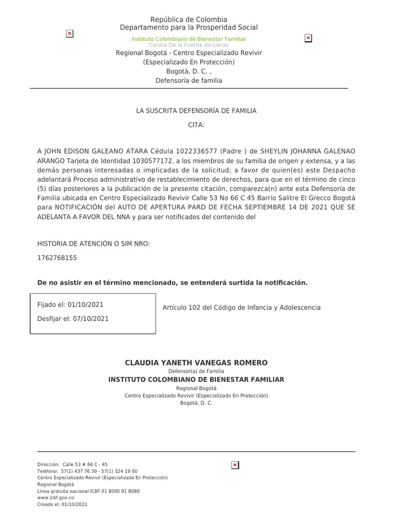 Citación y Emplazamiento Notificación Auto Apertura Pard Nna Sheylin ...