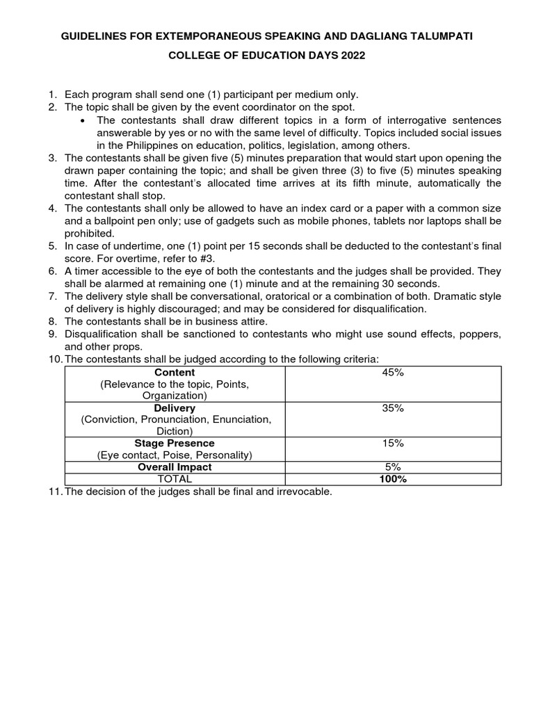 Guidelines For Extemporaneous Speaking and Dagliang Talumpati | PDF