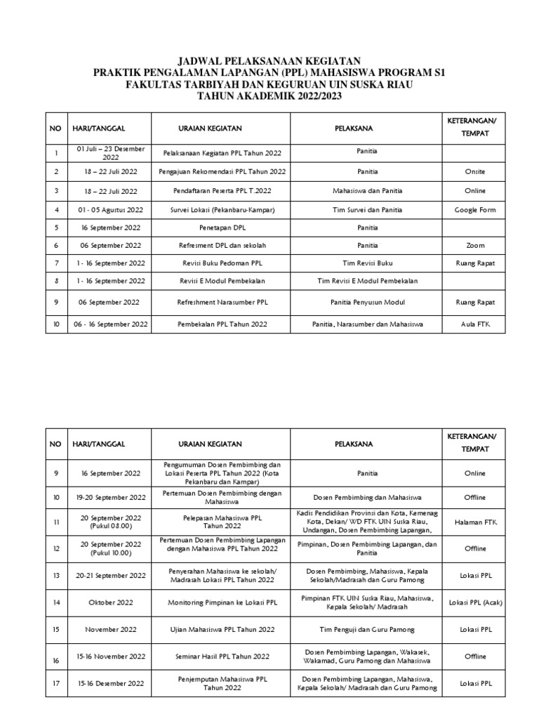 Jadwal Kegiatan PPL Tahun 2022 | PDF
