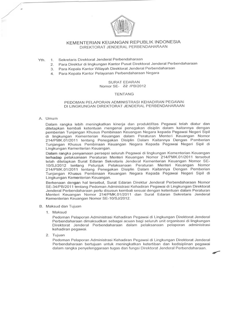 Se 022 PB 2012 - Pelaporan Administrasi Kehadiran Pegawai | PDF