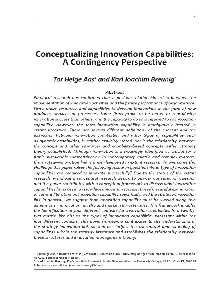 Aas, Breunig - 2017 - Conceptualizing Innovation Capabilities A Contingency Perspective | PDF ...