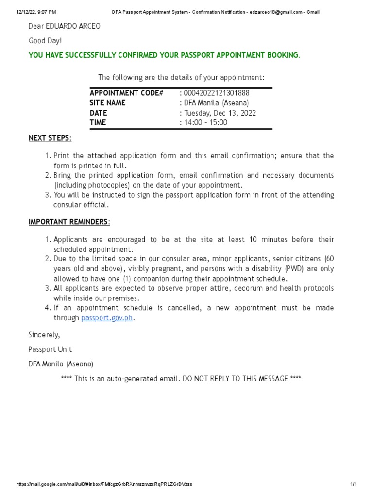 DFA Passport Appointment System - Confirmation Notification ...