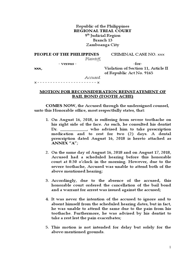 Motion For Reconsideration Reinstatement of Bail Bond | PDF | Bail | Arrest Warrant