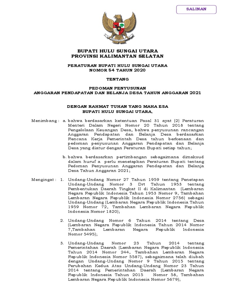 PERBUP HSU No.54 Tahun 2020 TTG Pedoman Penyusunan APBDesa TA. 2021 | PDF