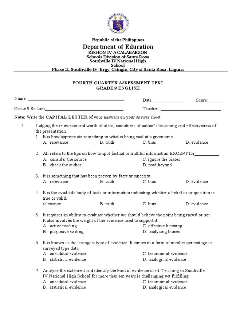 ENGLISH-Q4-Assessment-Test | PDF | Argument | Evidence