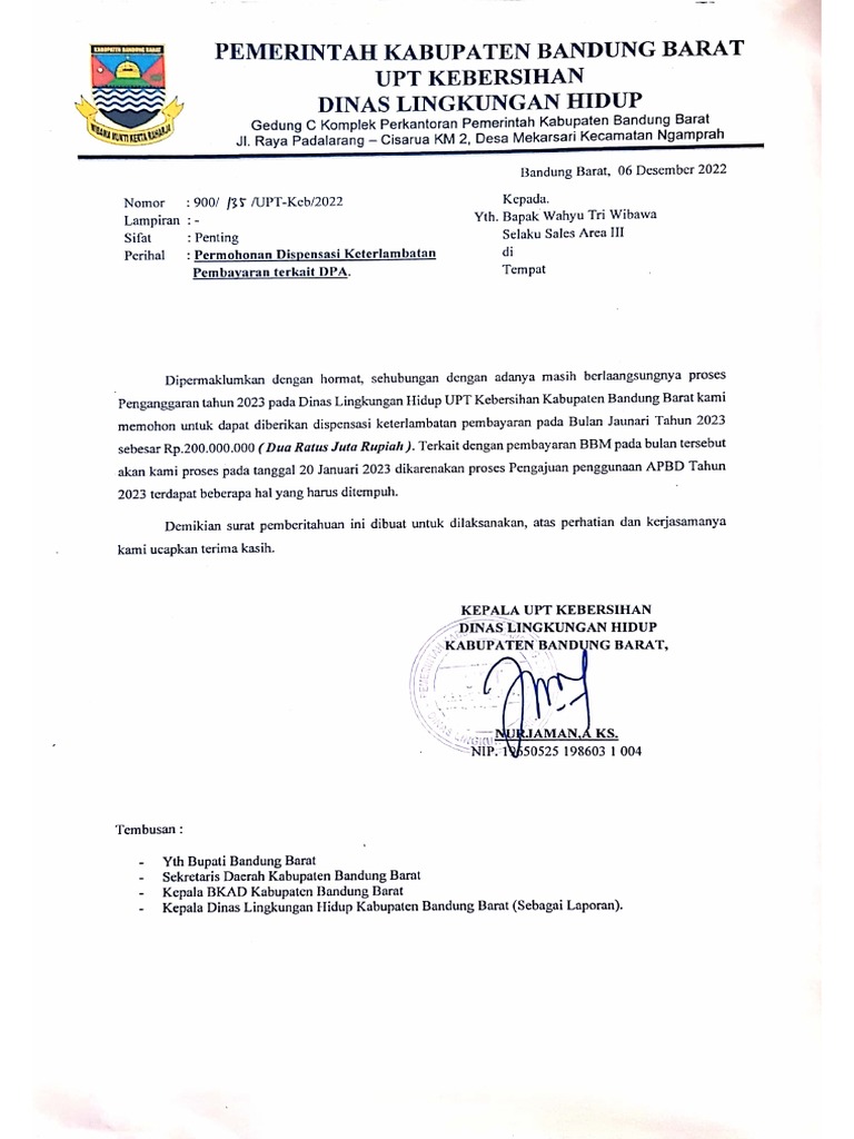 Permohonan Dispensasi Keterlambatan Pembayaran | PDF