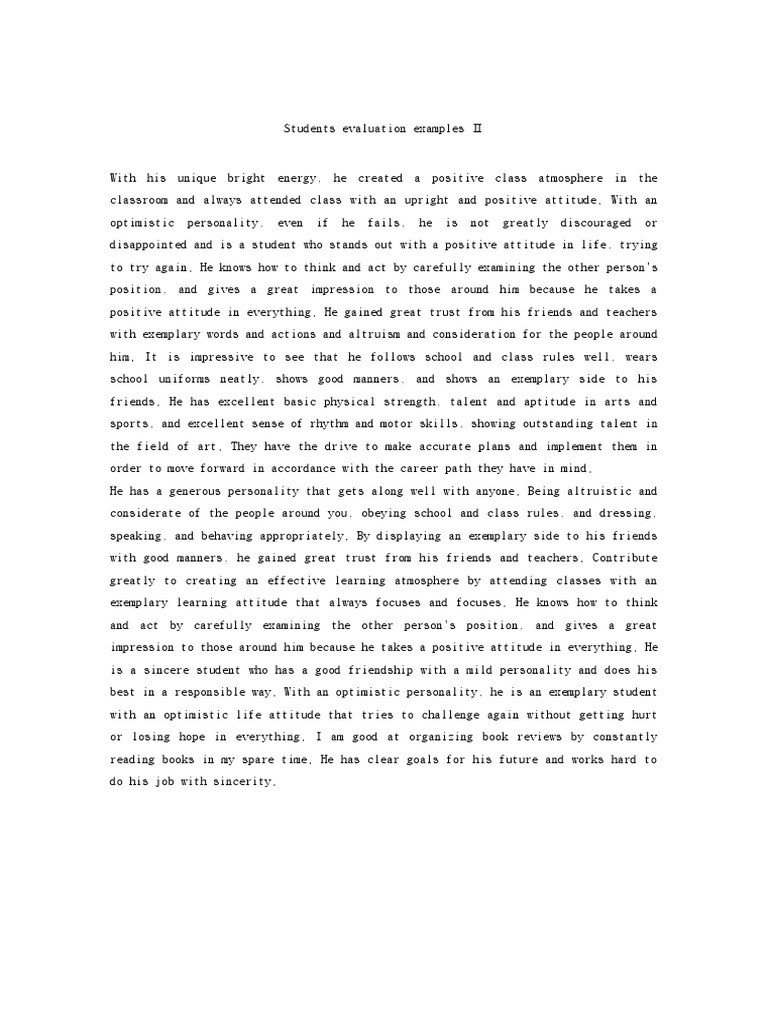 Students Evaluation Examples PDF