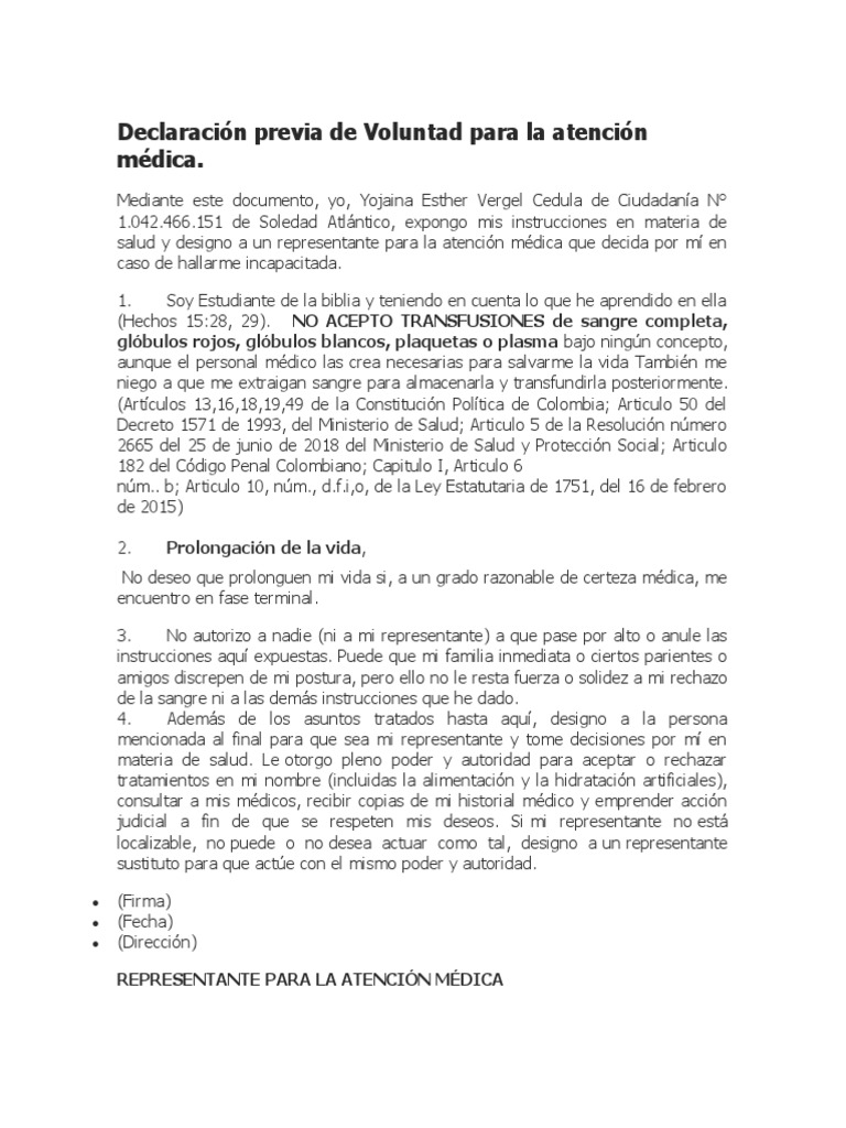 Declaración previa de Voluntad para la atención médica | PDF | Justicia ...