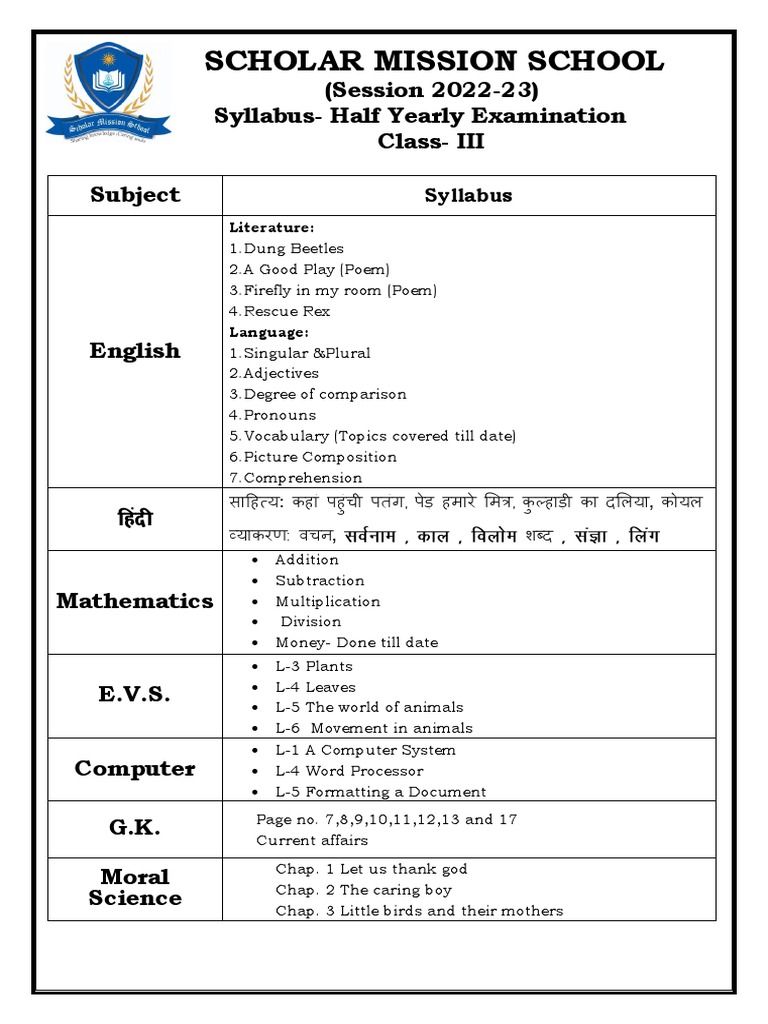 Class 3 Half Yearly Syllabus 2022-23 | PDF