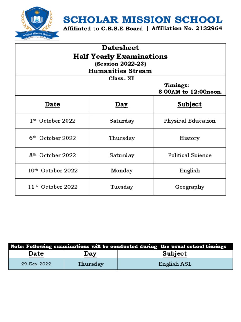 Class 11 Half Yearly Exam Datesheet (Humanities Stream) 2022-23 | PDF