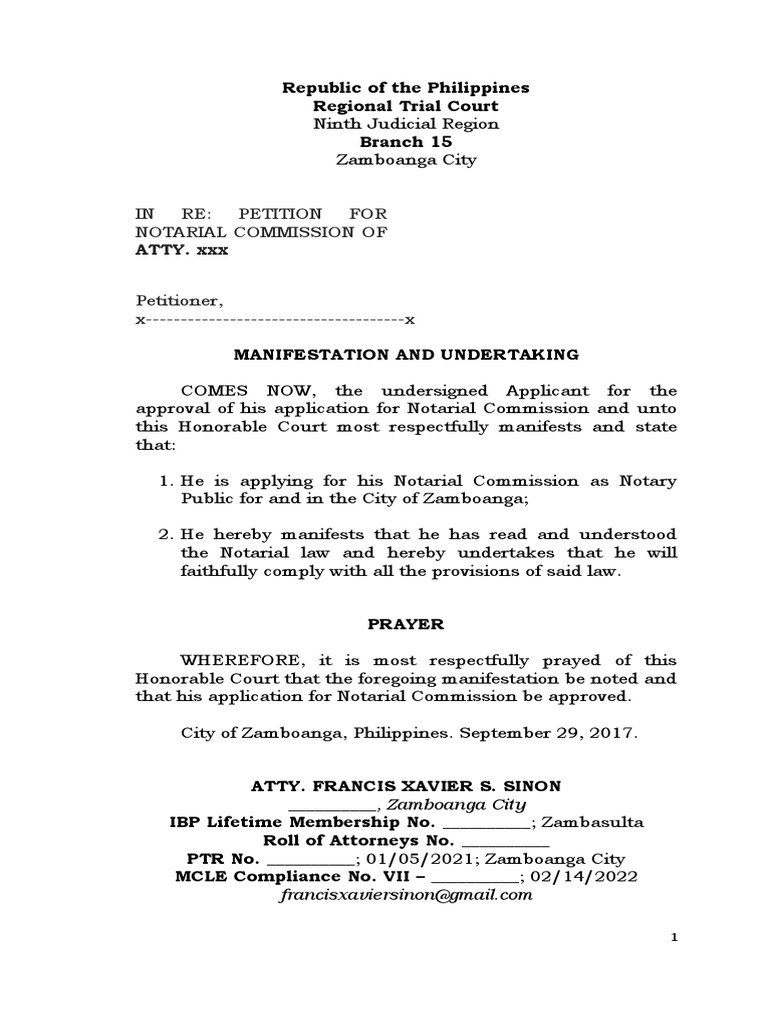 Manifestation and Undertaking Notarial Commission Sample | PDF