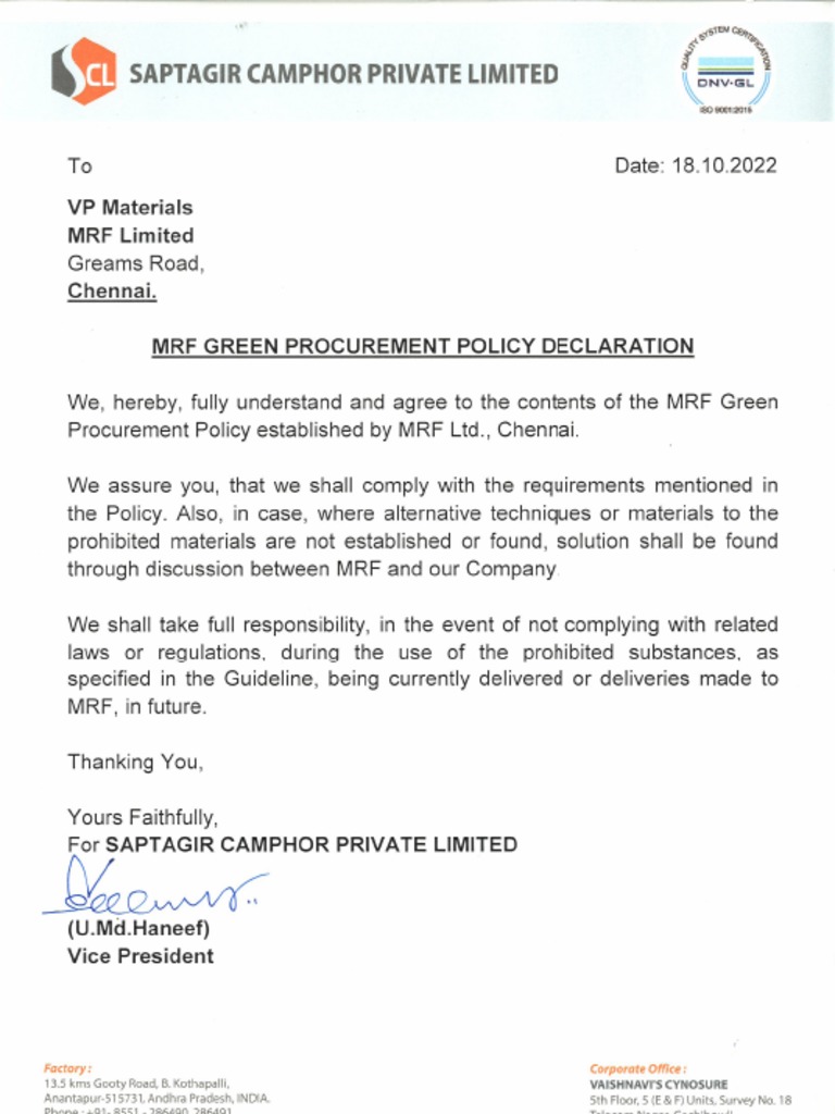 MRF Green Procurement Policy Declaration | PDF