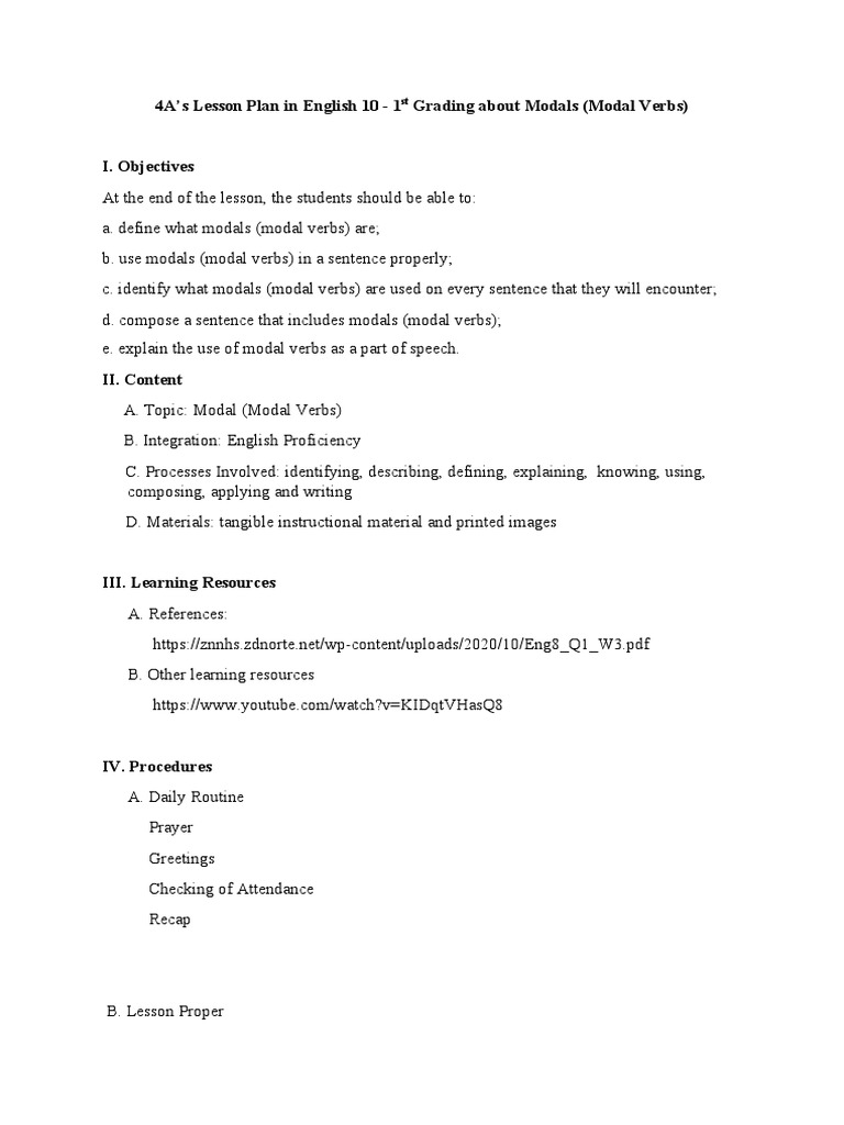 English 10 Lesson Plan: Modal Verbs | PDF | Verb | English Language