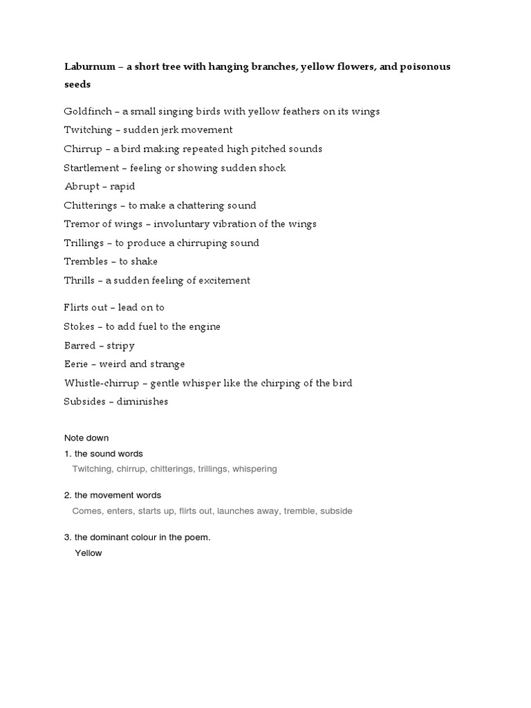 Laburnum Tree and Goldfinch Poem Analysis | PDF | Poetry | General Fiction