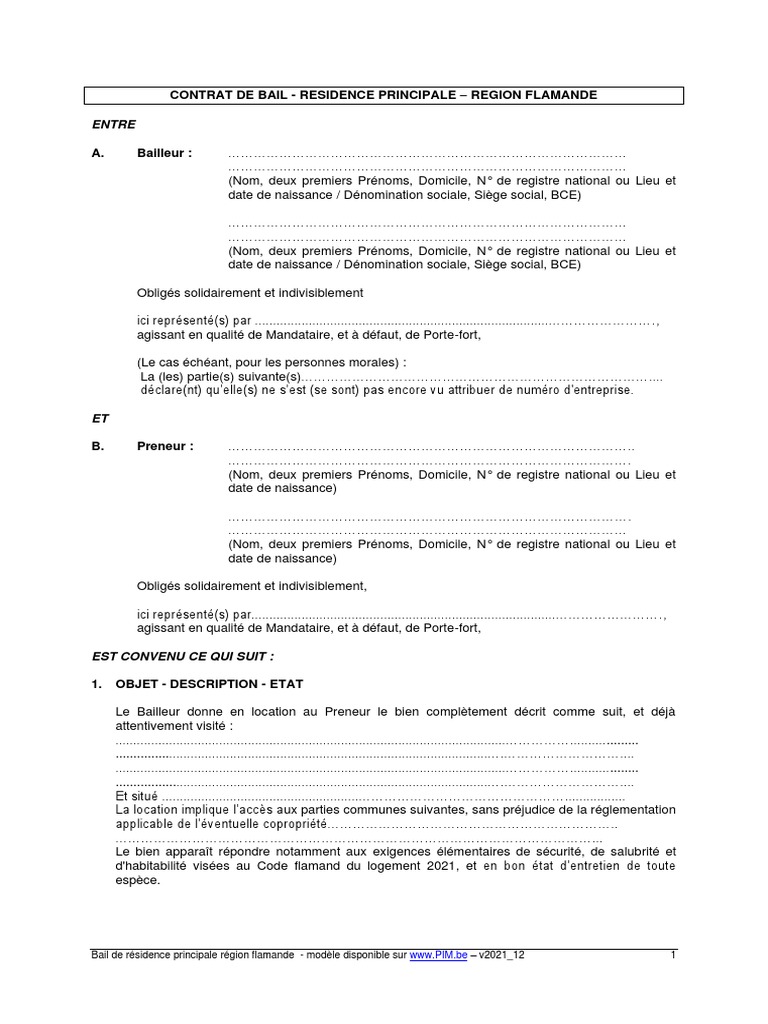 Bail de Residence Principale 2021 - 12 Region Flamande | PDF ...