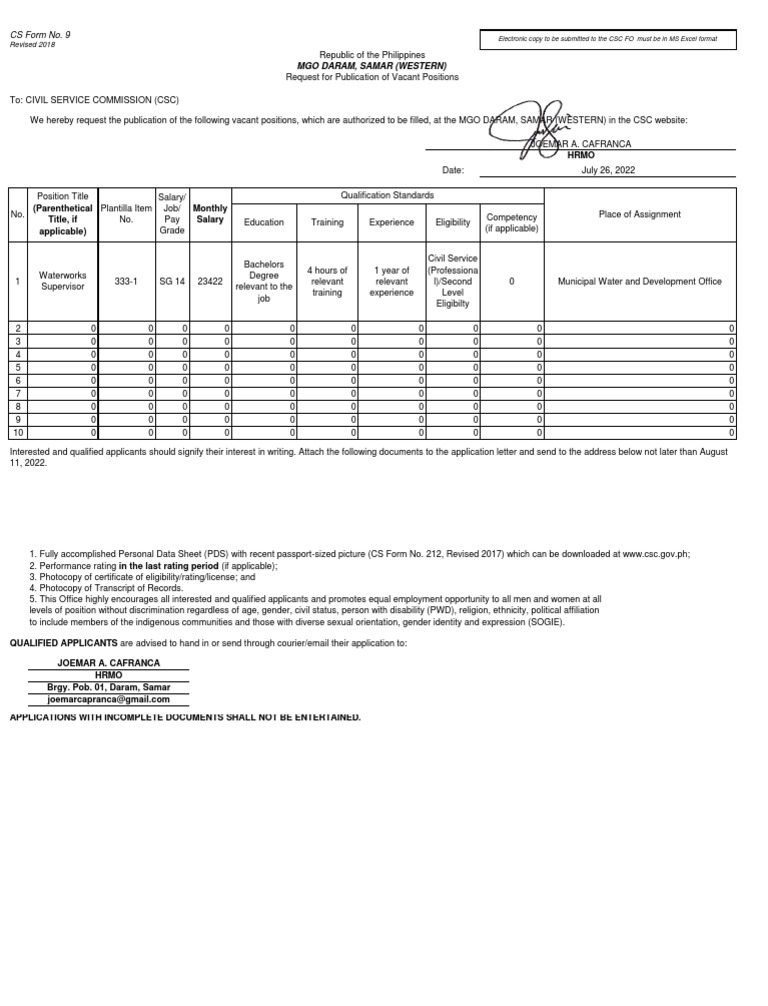 v2 Updated With EEOP Clause CS Form No. 9 Request For Publication of ...