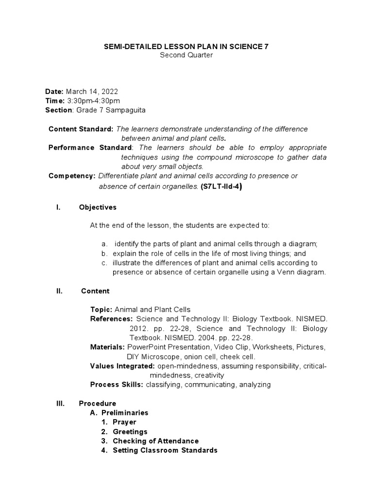 7 Es SEMI DETAILED LESSON PLAN IN SCIENCE 7ES | PDF | Organelle | Cell ...