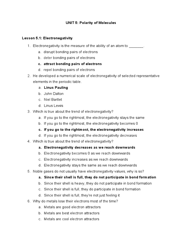 Unit 5 - Test Questions Humss 1 & Abm 3 | PDF | Chemical Polarity ...